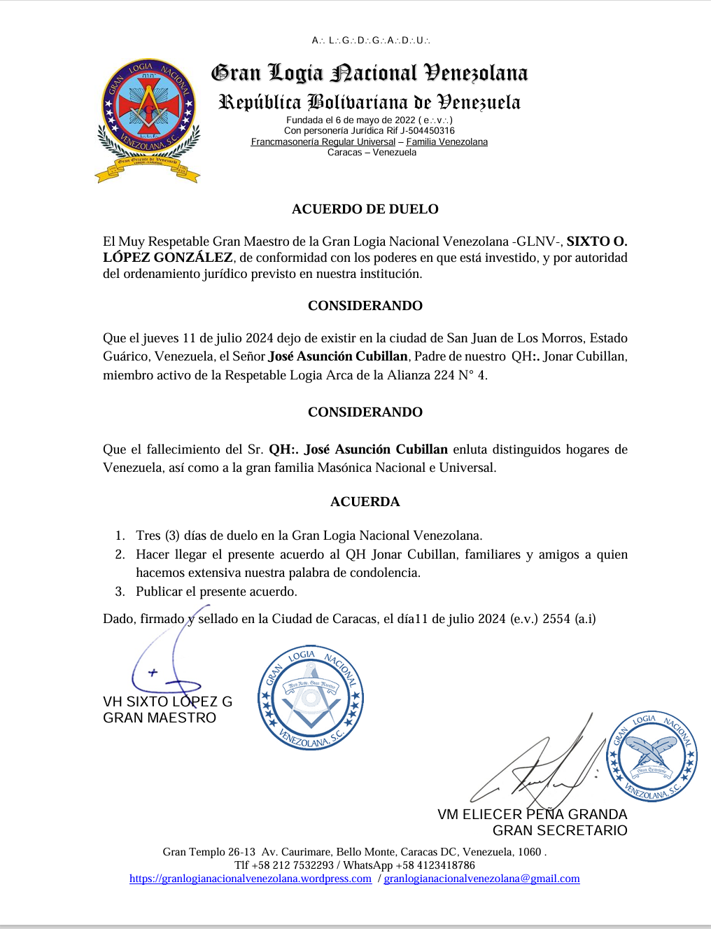 ACUERDO DE DUELO POR FALLECIMIENTO DEL PADRE DEL QH JONAR CUBILLAN ...
